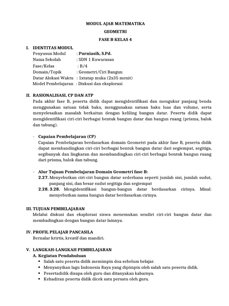 Modul Ajar Matematika Kelas 4 - Bangun Datar | PDF