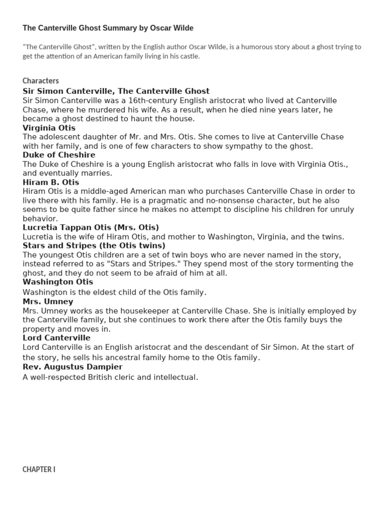 The Canterville Ghost Summary by Oscar Wilde | PDF