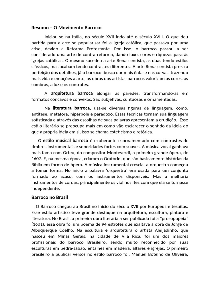 O Movimento Barroco Resumo | PDF | Barroco | Renascimento