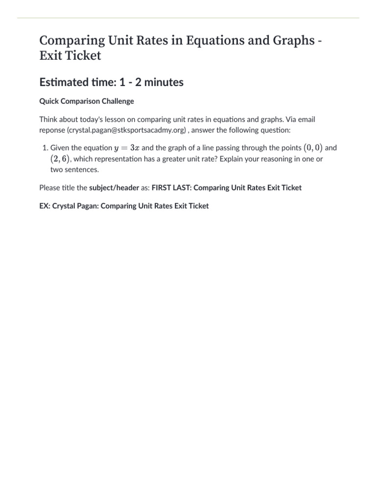 Comparing Unit Rates in Equations and Graphs - Exit Ticket | PDF