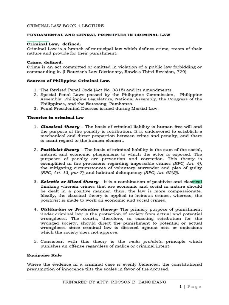 Criminal Law Book 1 Review Lecture 1 | PDF | Mens Rea | Crimes