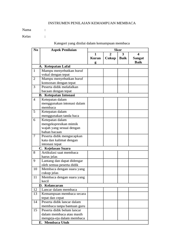 INSTRUMEN PENILAIAN Dan KISI-KISI (MEMBACA) | PDF