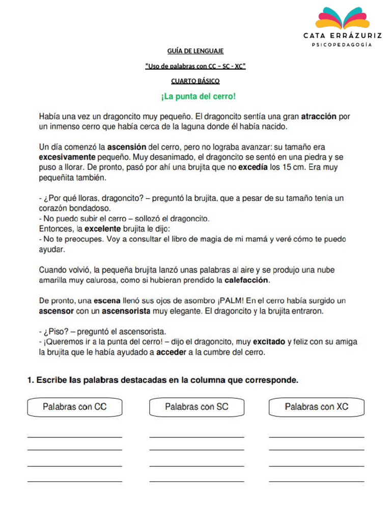 TERCERO Y CUARTO BÁSICO Guía de Lectoescritura Uso de Palabras CC - SC ...