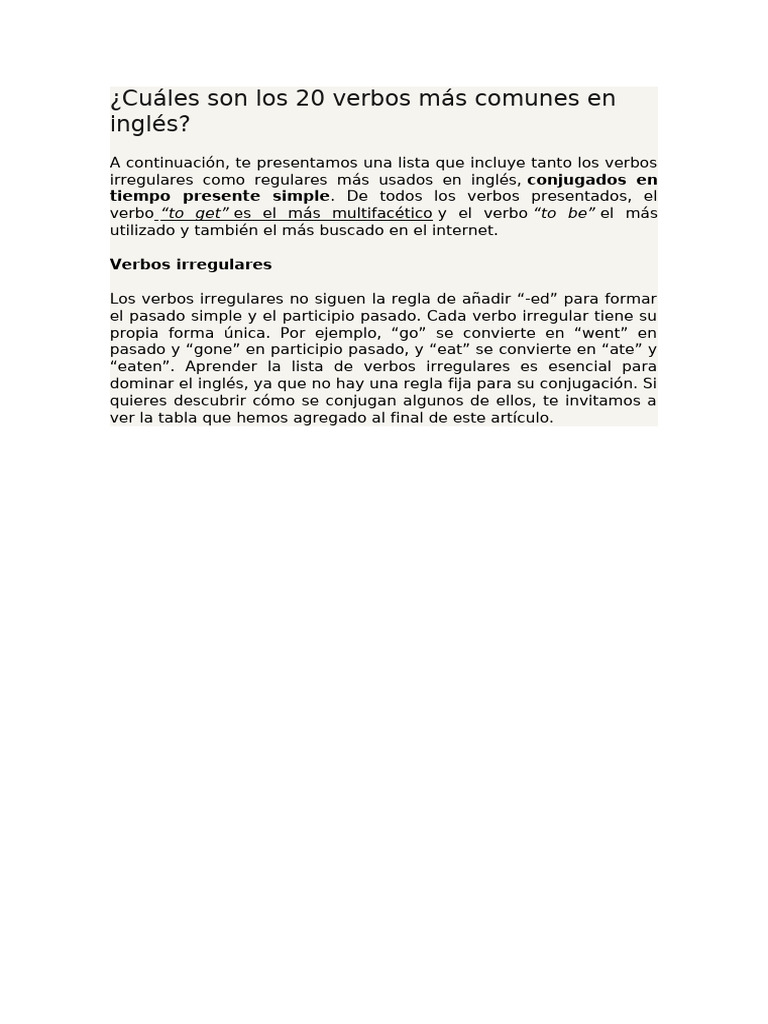 Cuáles Son Los 20 Verbos Más Comunes en Inglés | PDF | Verbo