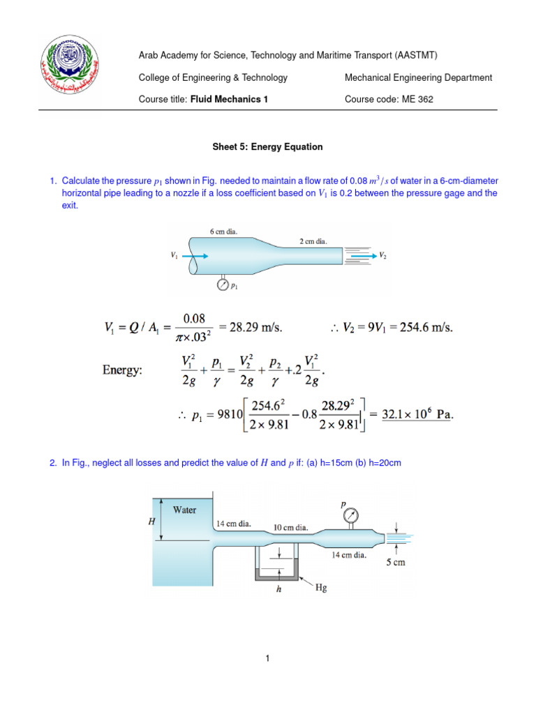 Fluid Mechanics 1: Energy Equation Exercises | PDF | Pressure ...