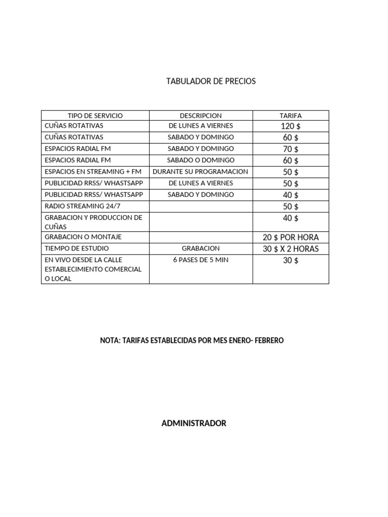 Tabulador de Precios | PDF
