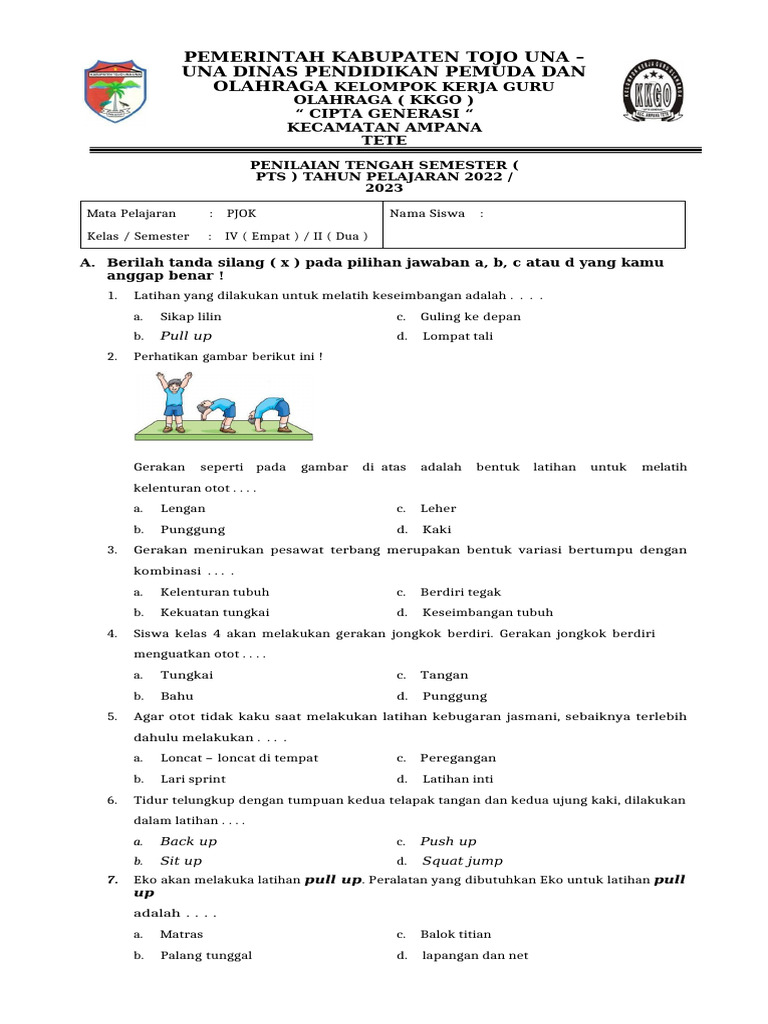 Soal PTS PJOK Kelas IV Semester II T.P 2022-2023 | PDF