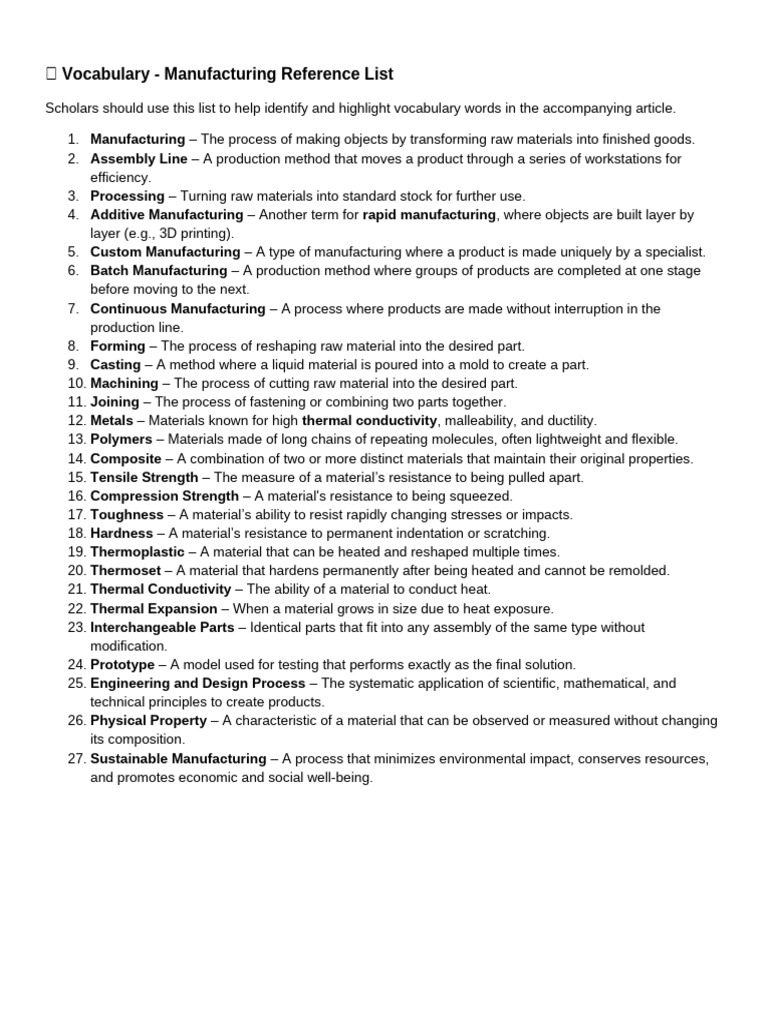 Manufacturing Vocabulary Reference Guide | PDF | 3 D Printing | Ductility