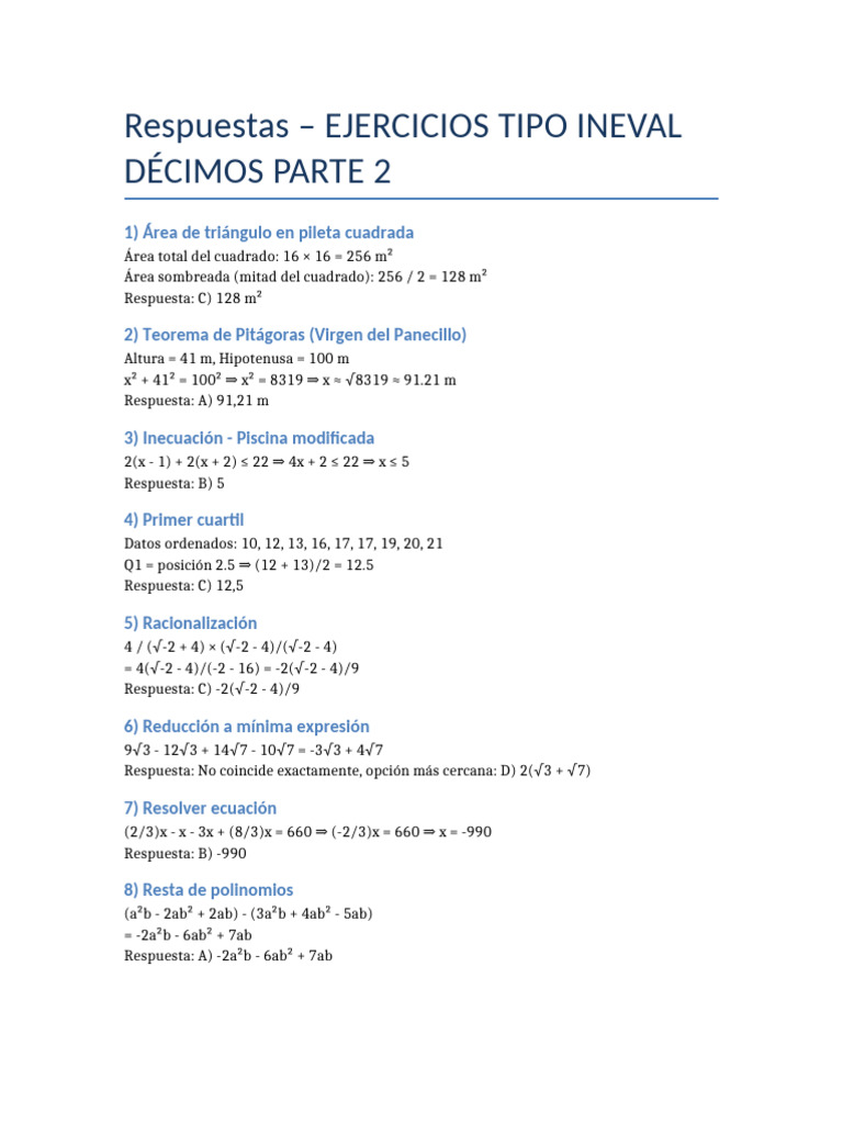 Respuestas Ejercicios INEVAL Decimos | PDF