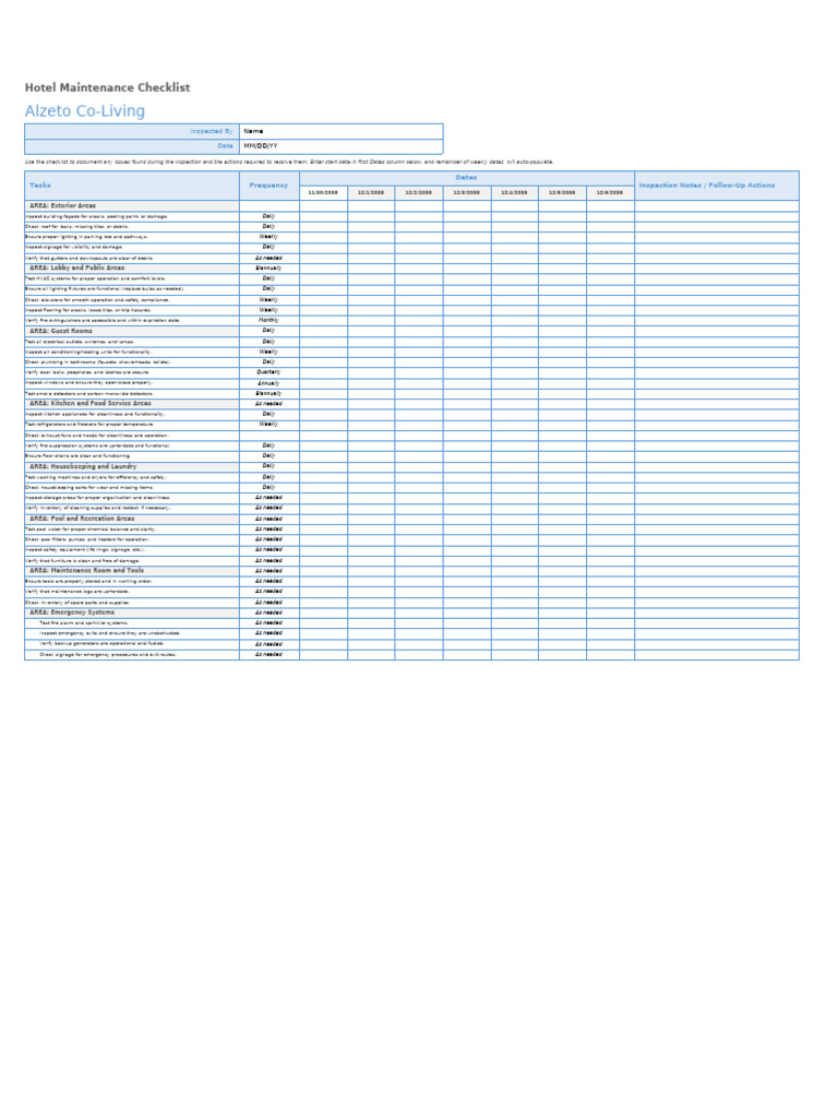 Hotel Maintenance Checklist Template | PDF | Housekeeping | Refrigerator