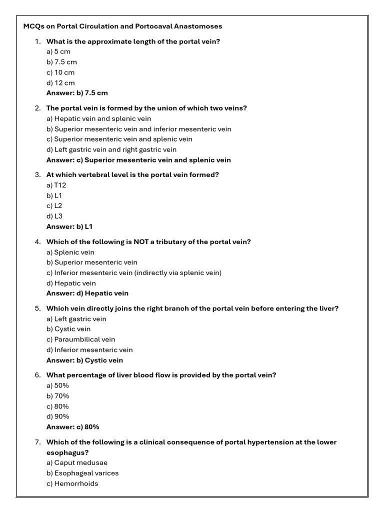 MCQs On Portal Circulation and Portocaval Anastomoses | PDF | Esophagus ...
