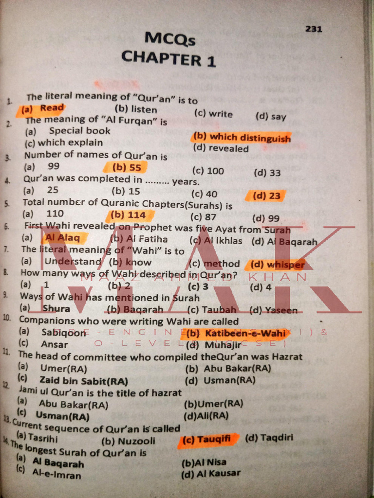 Xi Islamiyat Mcqs (English) - Maaz Ahmed Khan | PDF | Prophets And Messengers In Islam | Tawhid