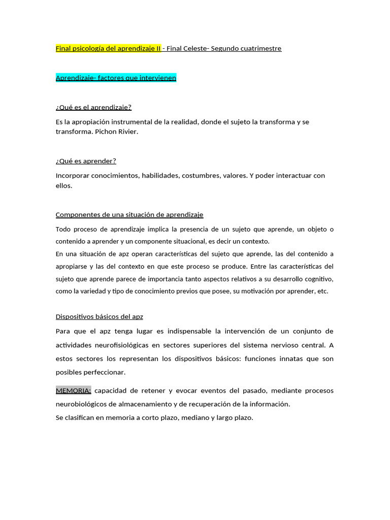 Final Psicología Del Aprendizaje II - Segundo Cuatri | PDF | Aprendizaje | Motivacional