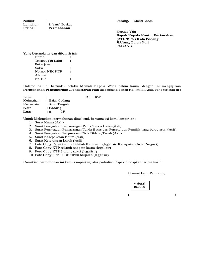 Form 7 Surat Permohonan MKW Ke BPN Kuasa | PDF