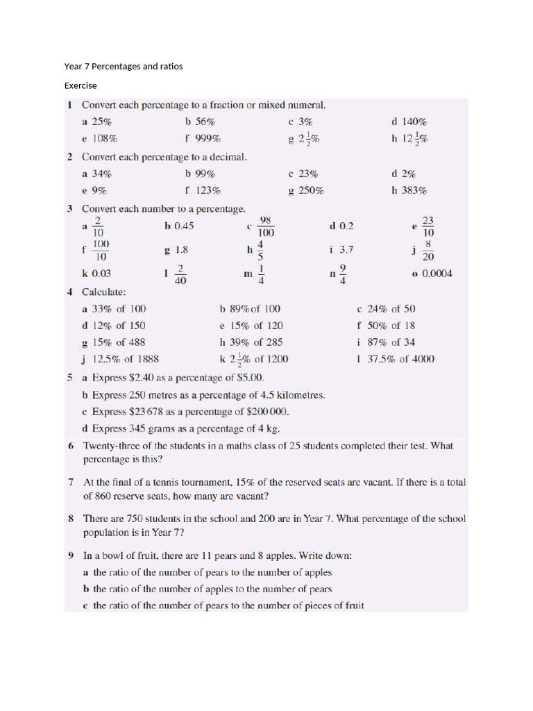 Year 7 Percentages and Ratios Q&A | PDF