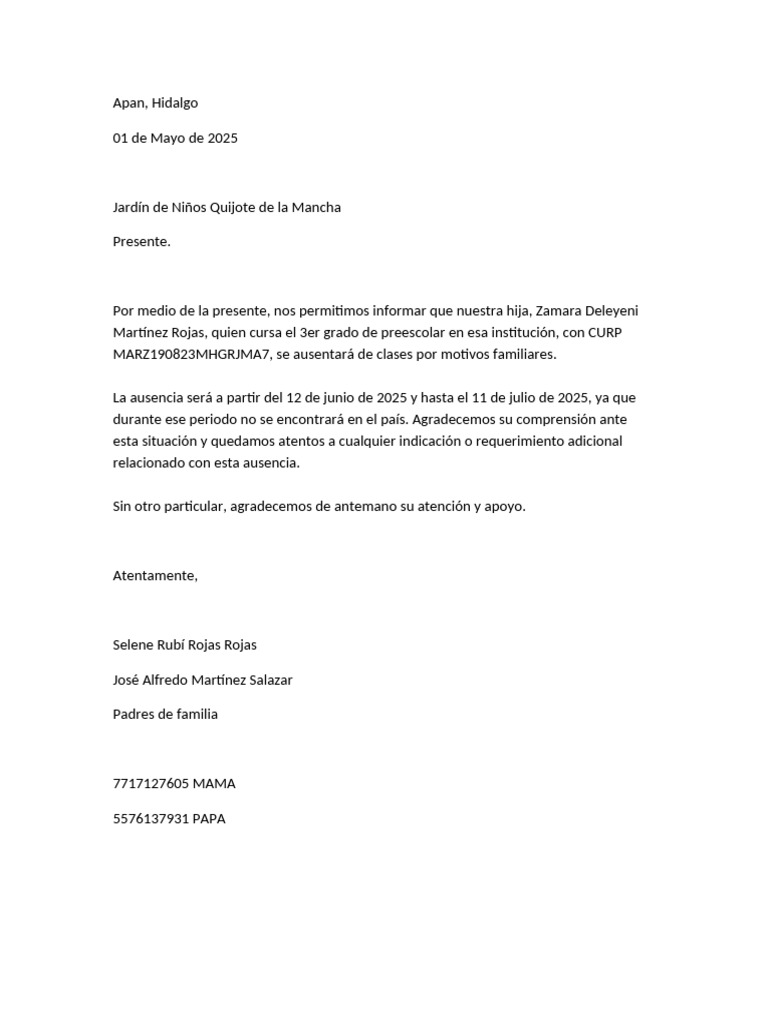 Carta Ausencia Zamara | PDF