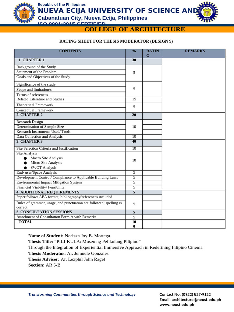 Thesis Rating Sheet for Architecture | PDF | Science