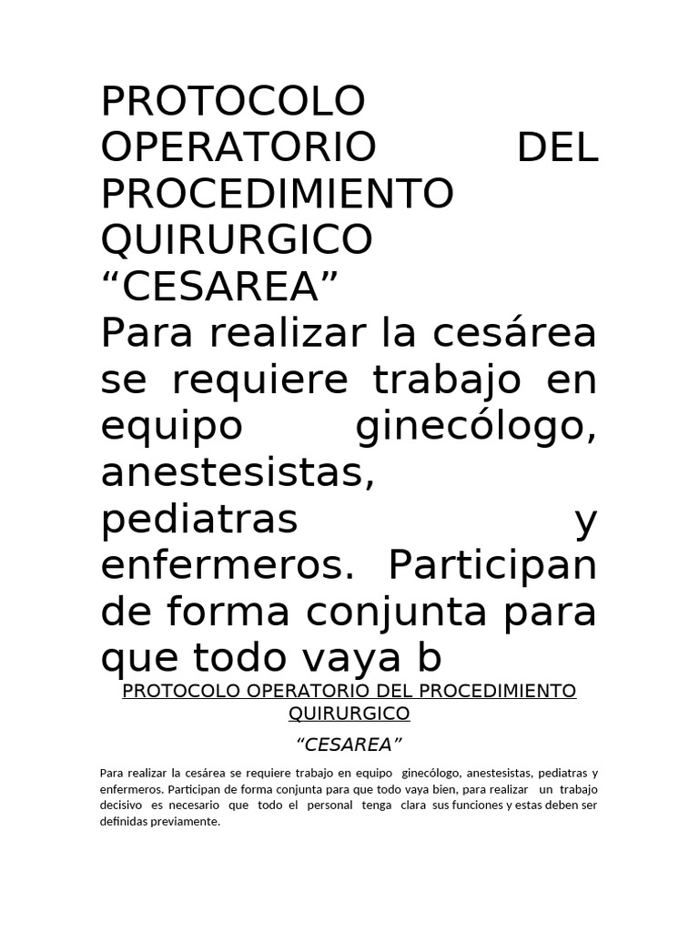 Ejemplo de Protocolo Operatorio | PDF | Placenta | Sutura Quirúrgica