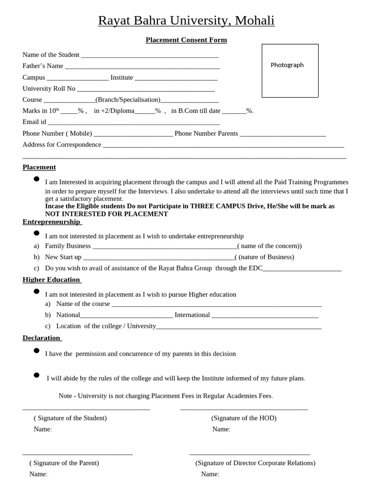 Placement Consent Form 2025 | PDF