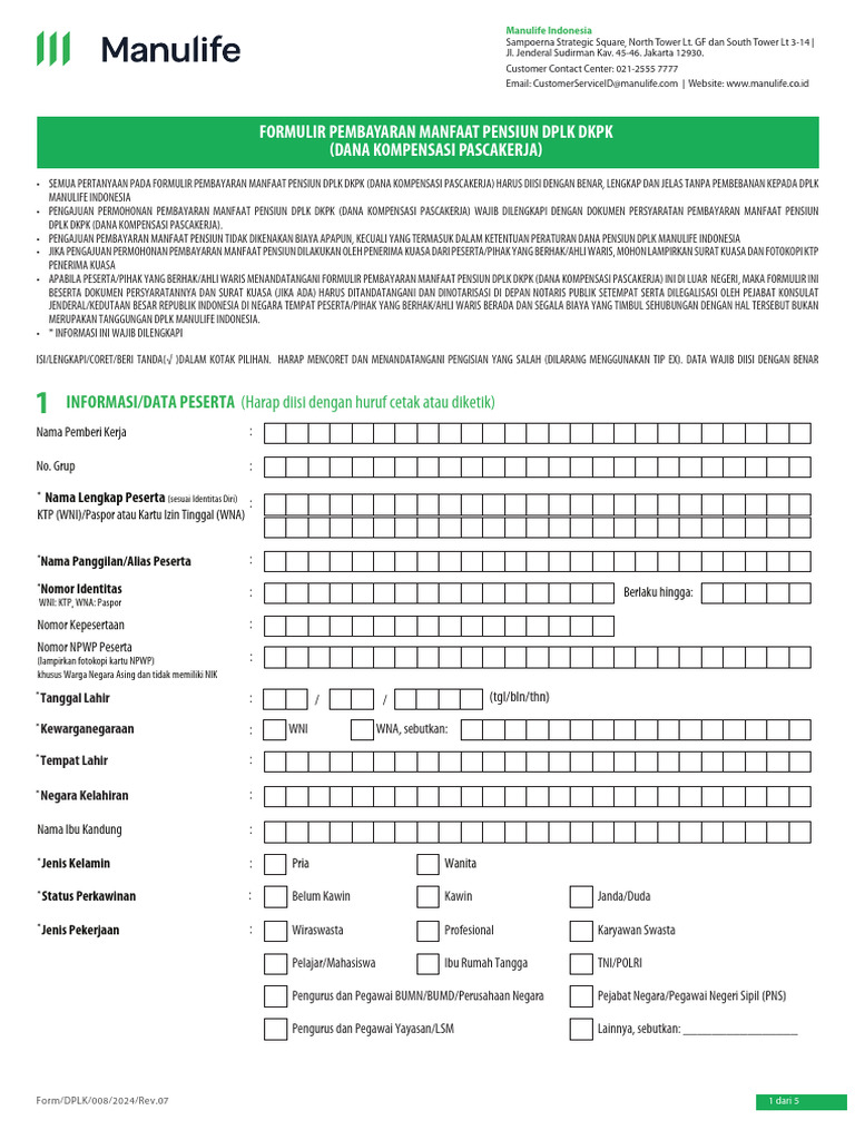 Formulir Pembayaran Manfaat Pensiun DPLK DKPK - Rev 7 | PDF