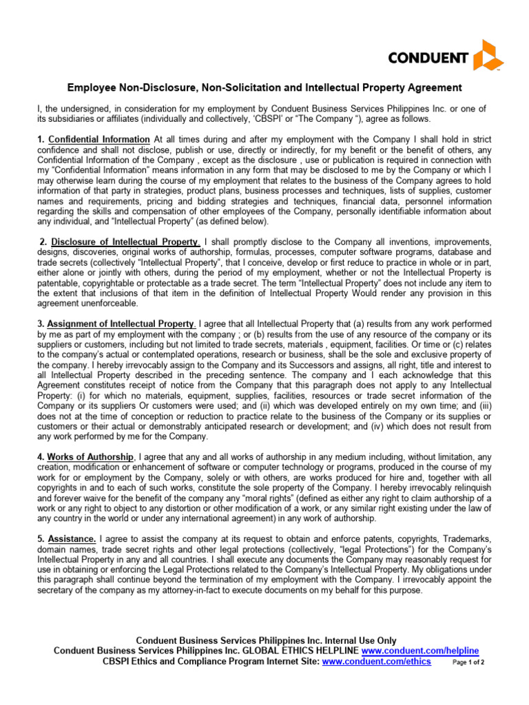 Conduent - Employee Non Disclosure Non Solicitation and Intellectual Property - V1 | PDF ...