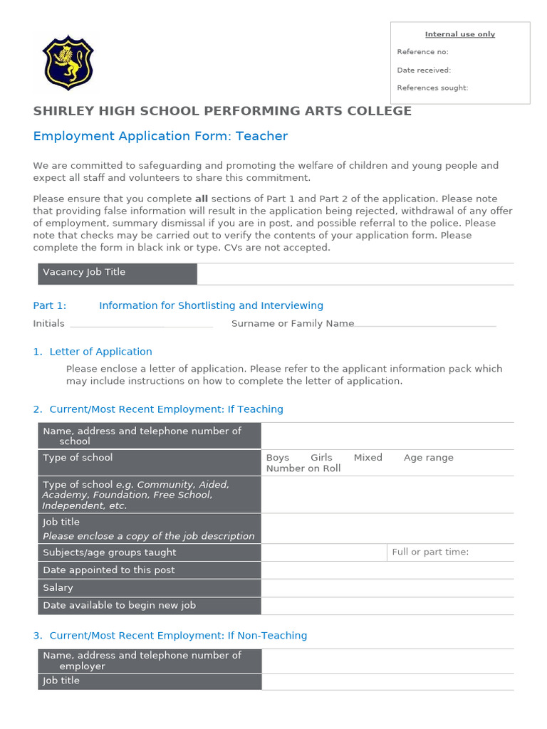 Shirley High School Performing Arts College: Employment Application ...