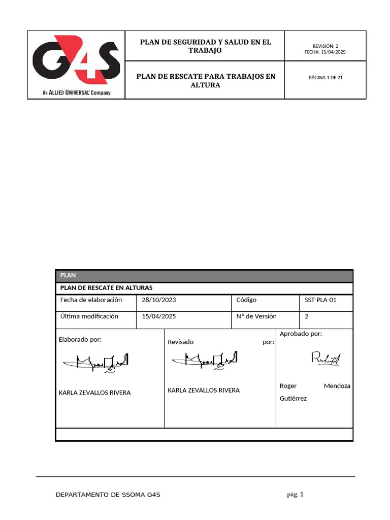 PL-SST Plan de Rescate en Altura Act - Revisado | PDF | La seguridad