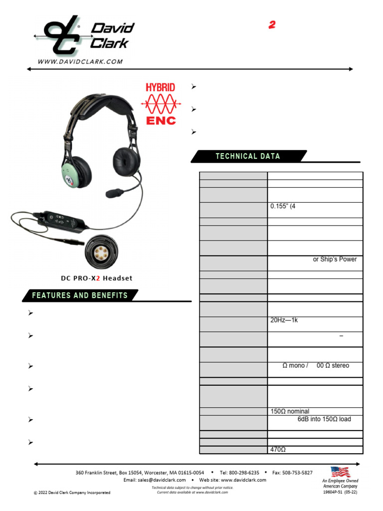 David Clark DC Pro X2 Data Sheet | PDF | Headphones | Electricity