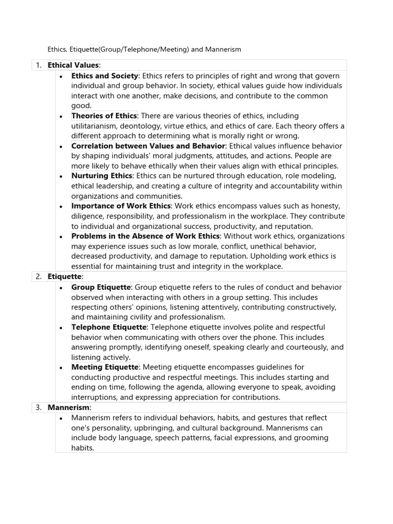 Ethics, Etiquette, and Mannerisms Guide | PDF | Integrity | Job Interview