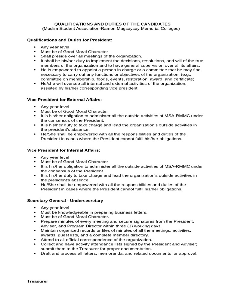MSA-RMMC Candidate Qualifications & Duties | PDF | Presidents Of The ...