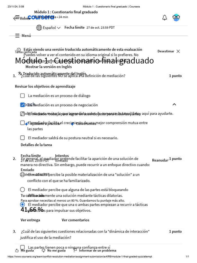 Módulo 1 - Cuestionario Final Graduado - Coursera | PDF | Mediación ...