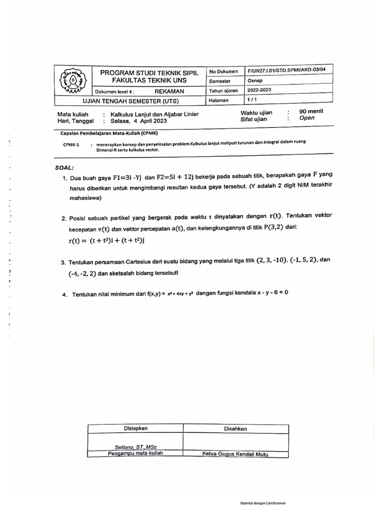 UTS - 2023 - Kalkulus Lanjut - Setiono, ST, MSC | PDF