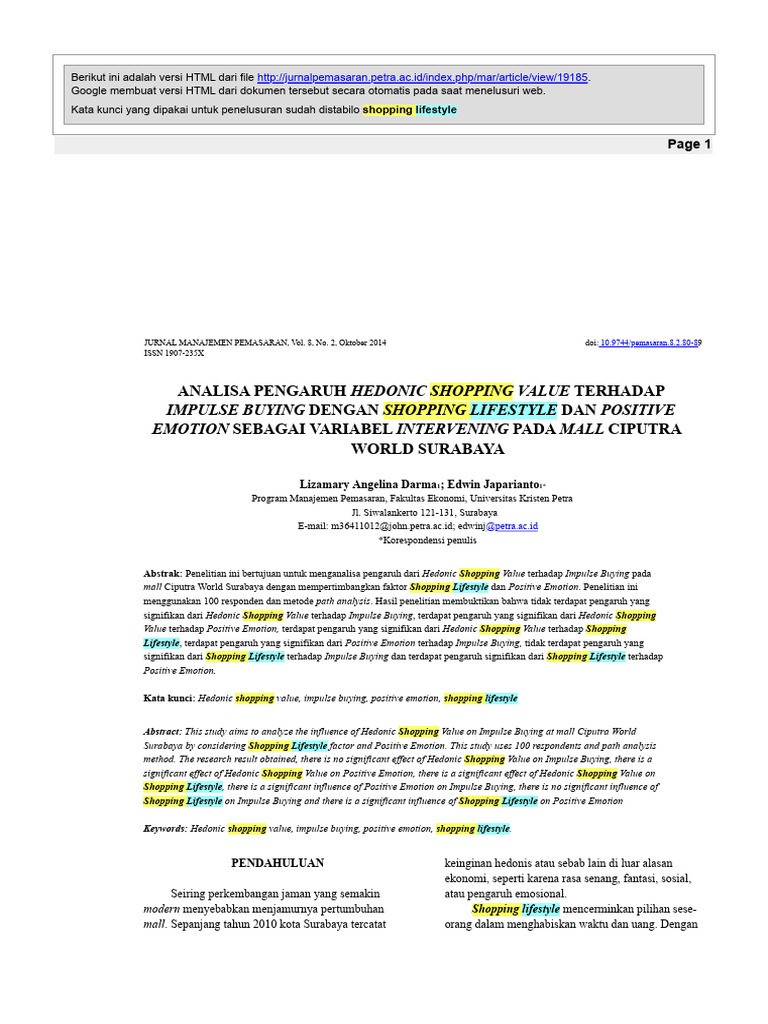Analisa Pengaruh Hedonic Shopping Value Terhadap Impulse Buying Dengan Shopping Lifestyle Dan ...
