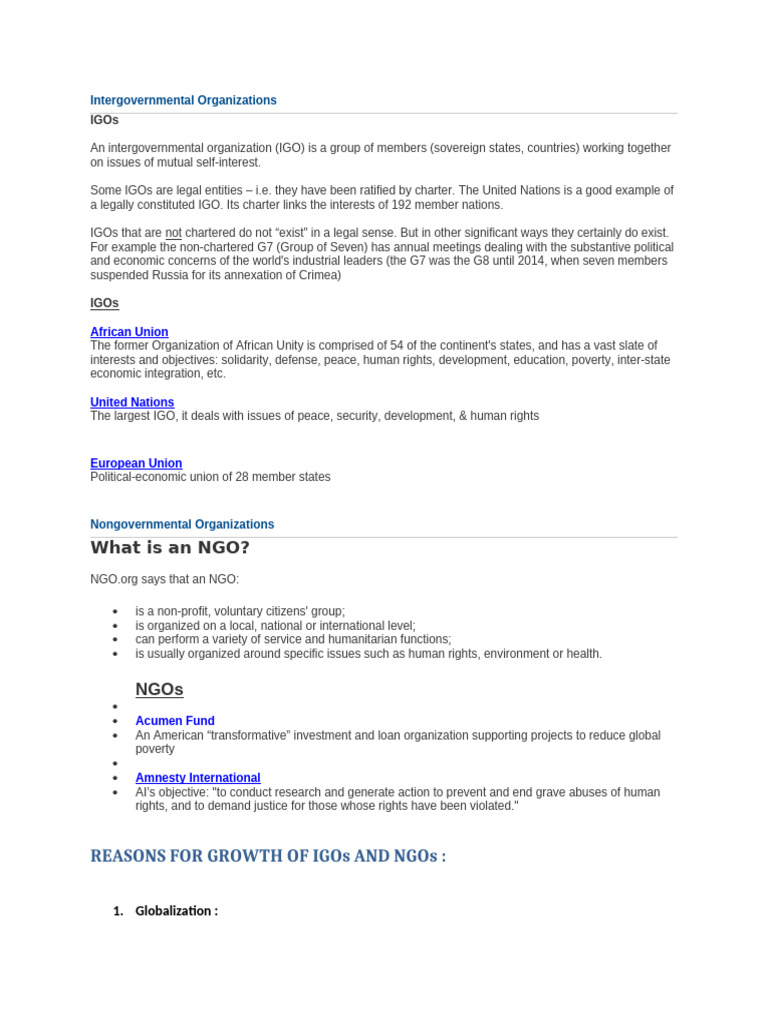 Overview of IGOs and NGOs | PDF | Non Governmental Organization ...