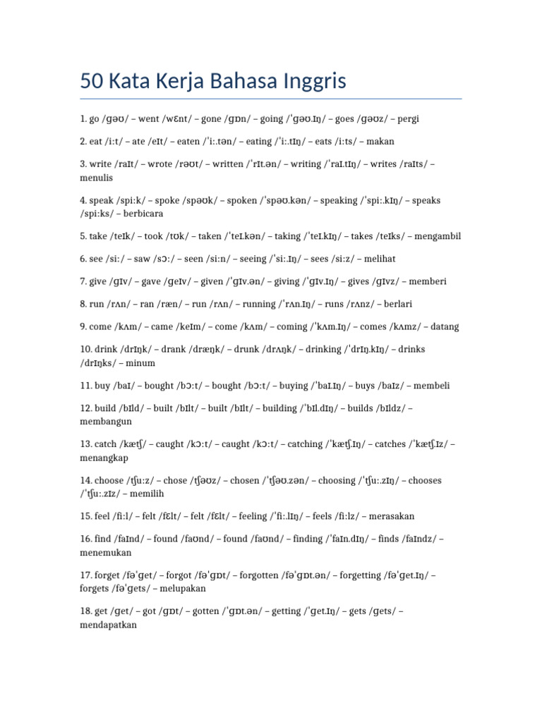 50 Kata Kerja Bahasa Inggris Lengkap | PDF