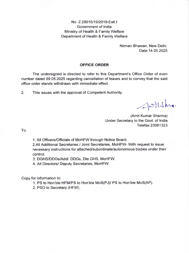 Withdrawn of Office Order Regarding Cancellation of Leaves | PDF