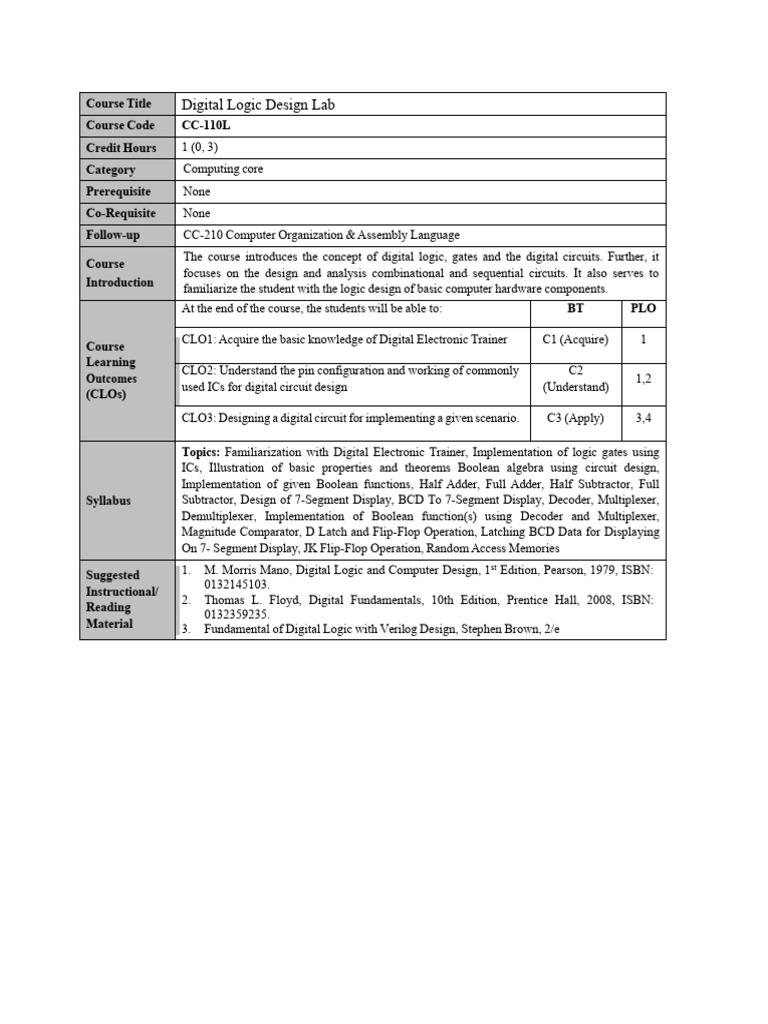 CC-110 L (Digital Logic Design LAB) PDF | PDF