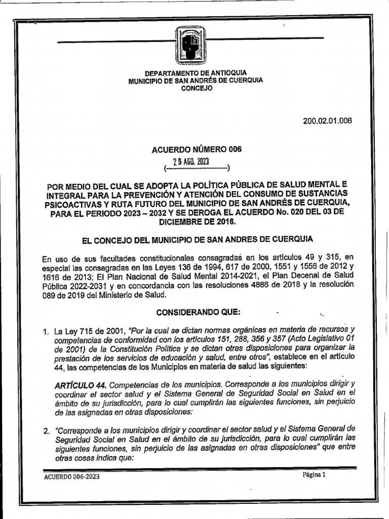 Acuerdo 006-2023 Politica Salud Mental | PDF