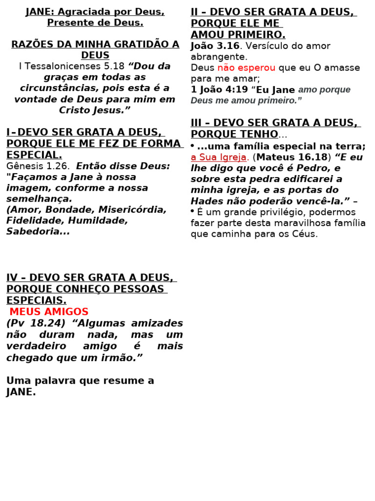 Razões Da Nossa Gratidão A Deus - Jane | PDF