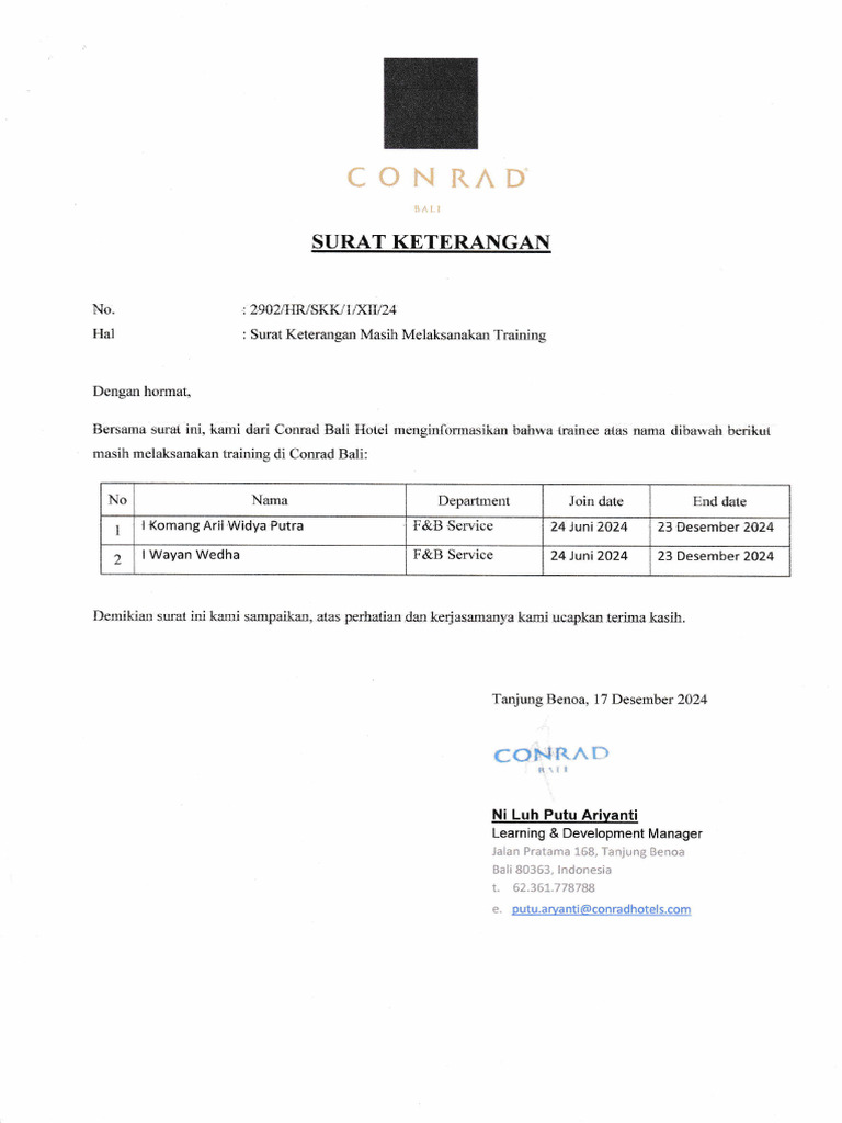 Surat Keterangan Training | PDF