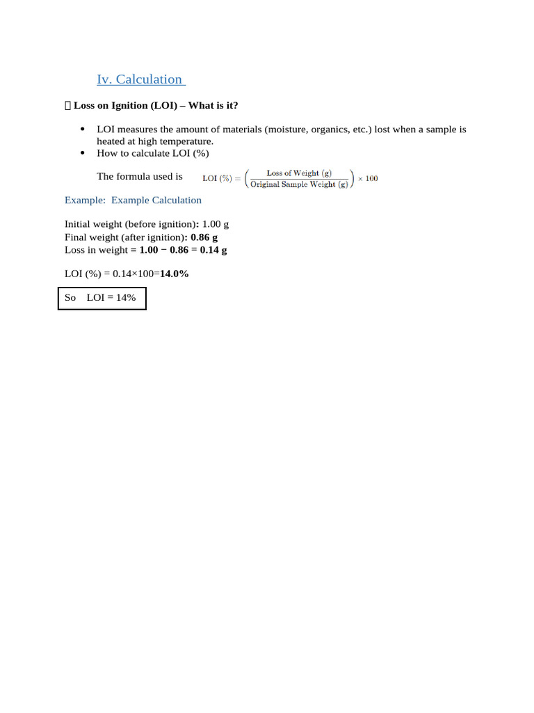 Iv. Calculation: Loss On Ignition (LOI) - What Is It? | PDF