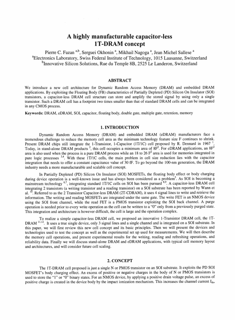 Highly Manufacturable Capacitor-Less 1T-DRAM Concept | PDF | Dynamic ...