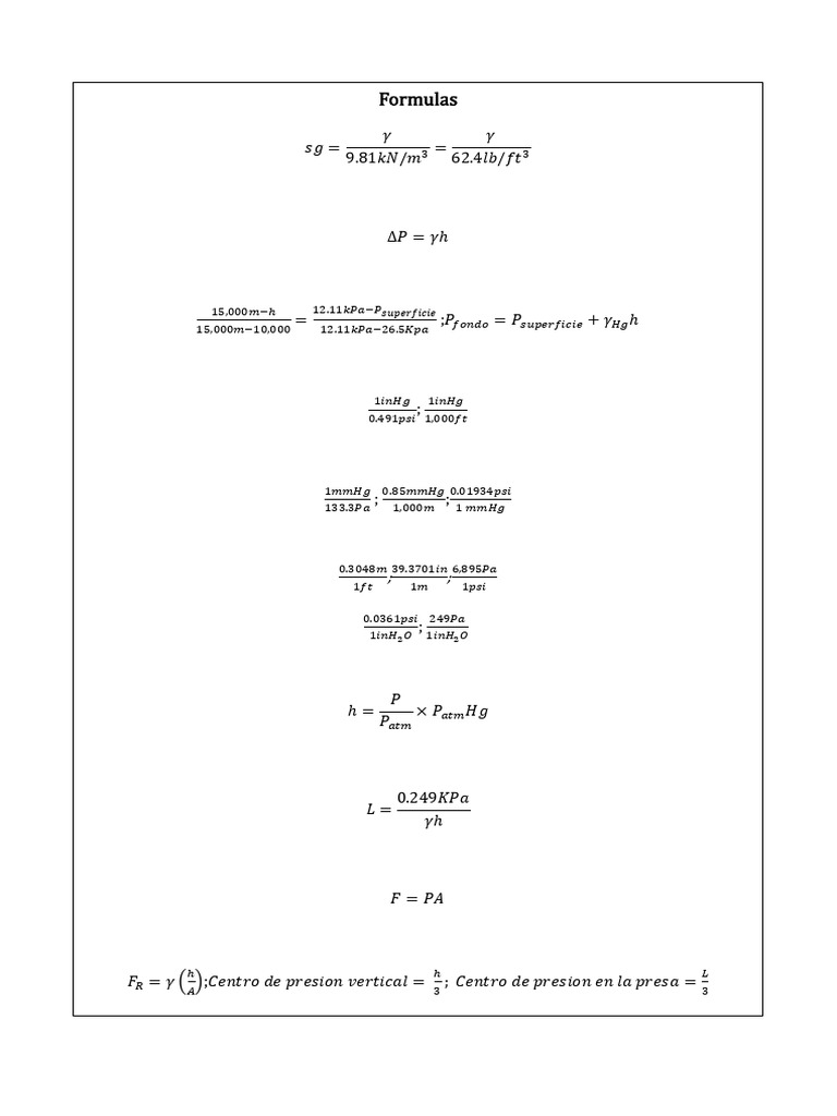 Fluid Pressure and Measurement Formulas | PDF