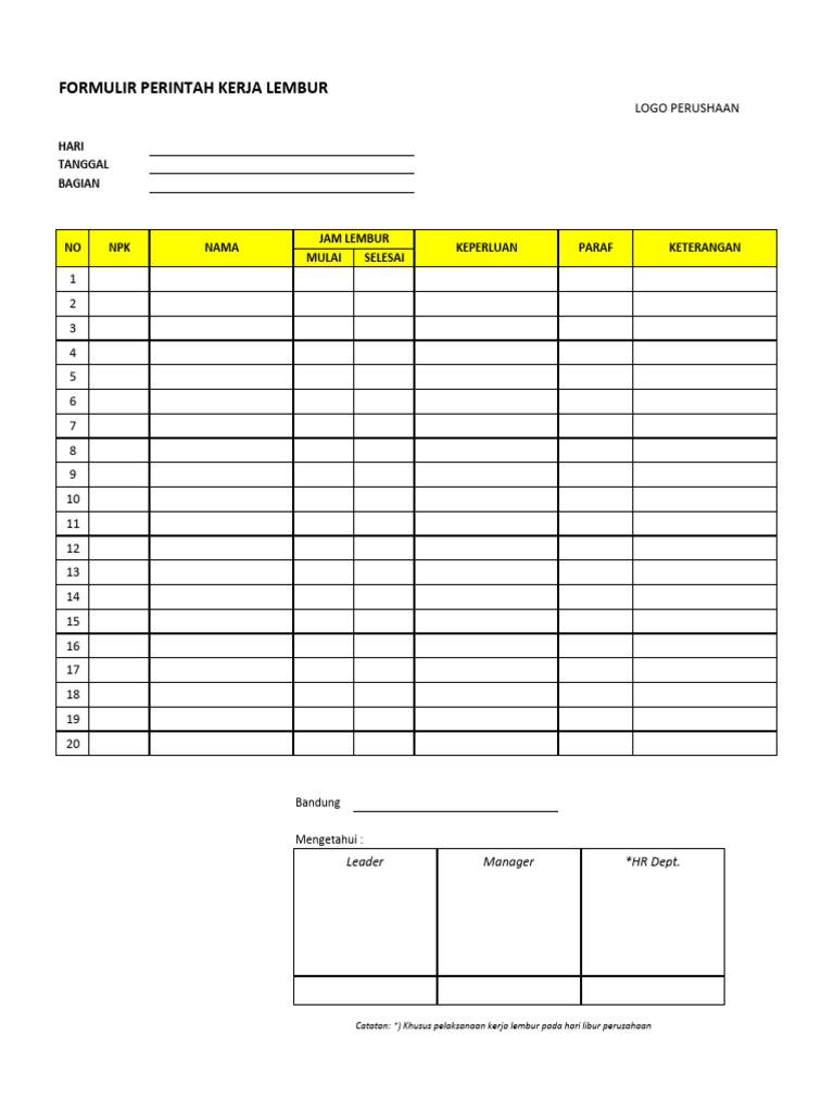 Contoh Form Perintah Kerja Lembur | PDF