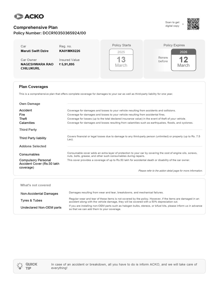 Acko 20250424 | PDF | Insurance | Vehicle Insurance