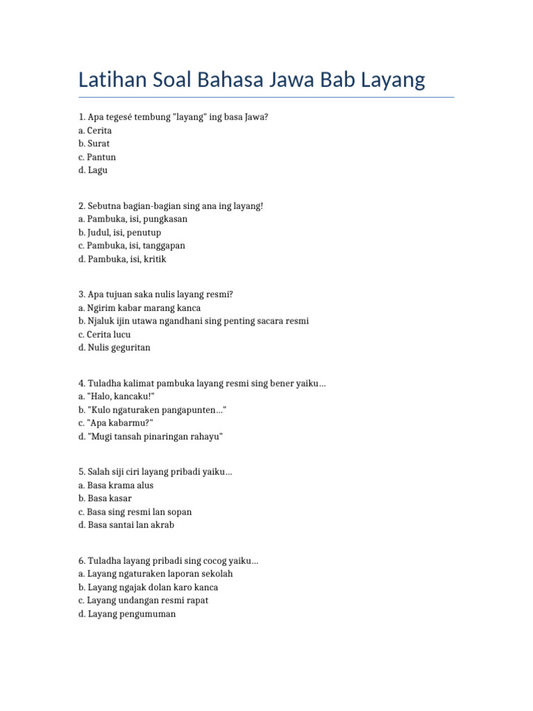 Latihan Soal Bahasa Jawa Bab Layang | PDF