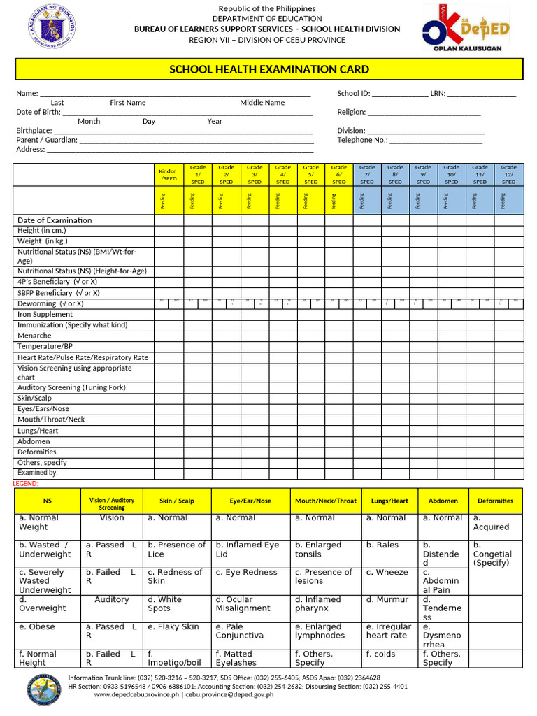 School Health Examination Card | PDF | Diseases And Disorders | Medical ...