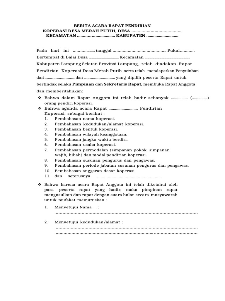 Contoh Berita Acara Musdesus Pembentukan Kopdes Merah Putih | PDF
