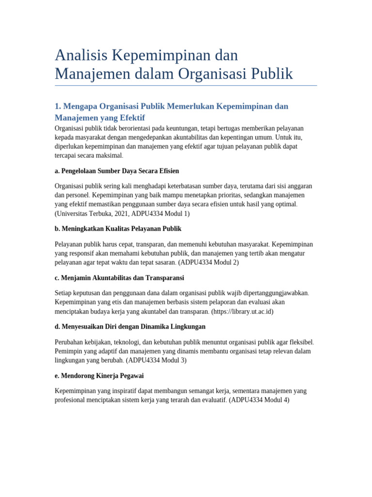 Analisis Kepemimpinan Organisasi Publik UT | PDF