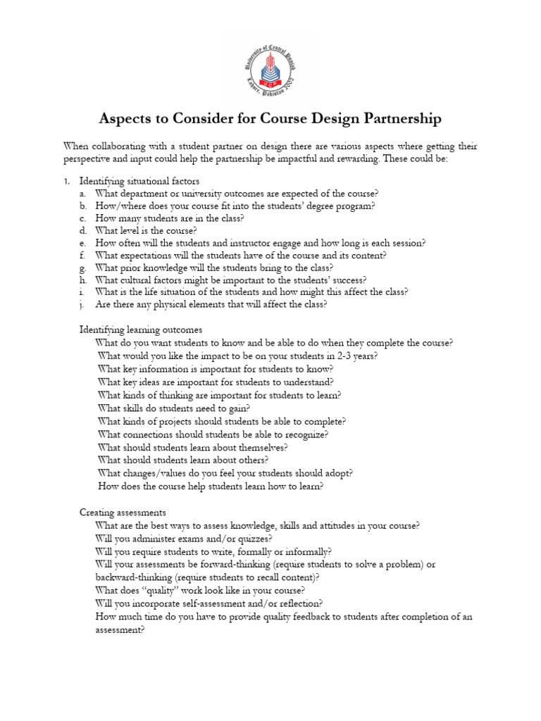 Handout 1a) Possible Aspects of Course Design Discussions | PDF | Learning | Design